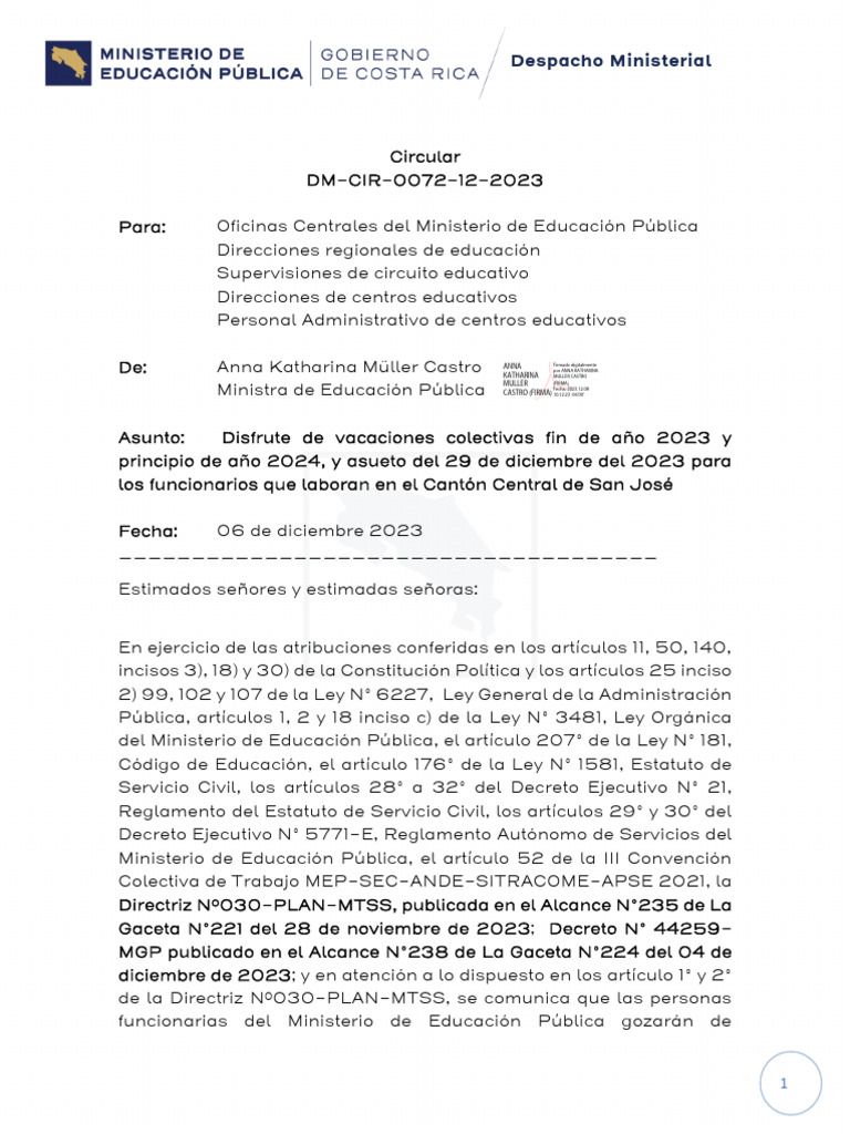 CIRCULAR DM-CIR-0072-12-2023 Vacaciones Colectivas | PDF | Gobierno