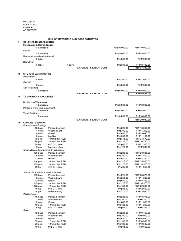 Bill of Materials and Cost Estimates I General Requirements: Excavation ...