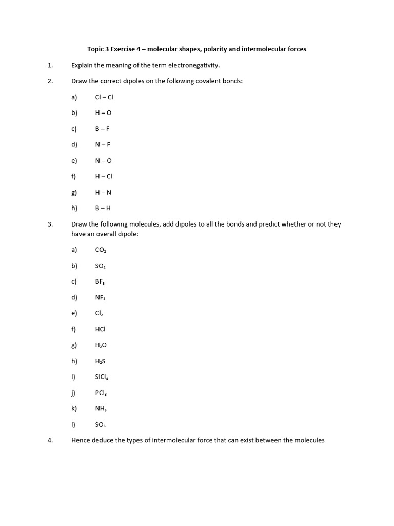Topic 3 Exercise 4 - Shapes Polarity and Intermolecular Forces | PDF