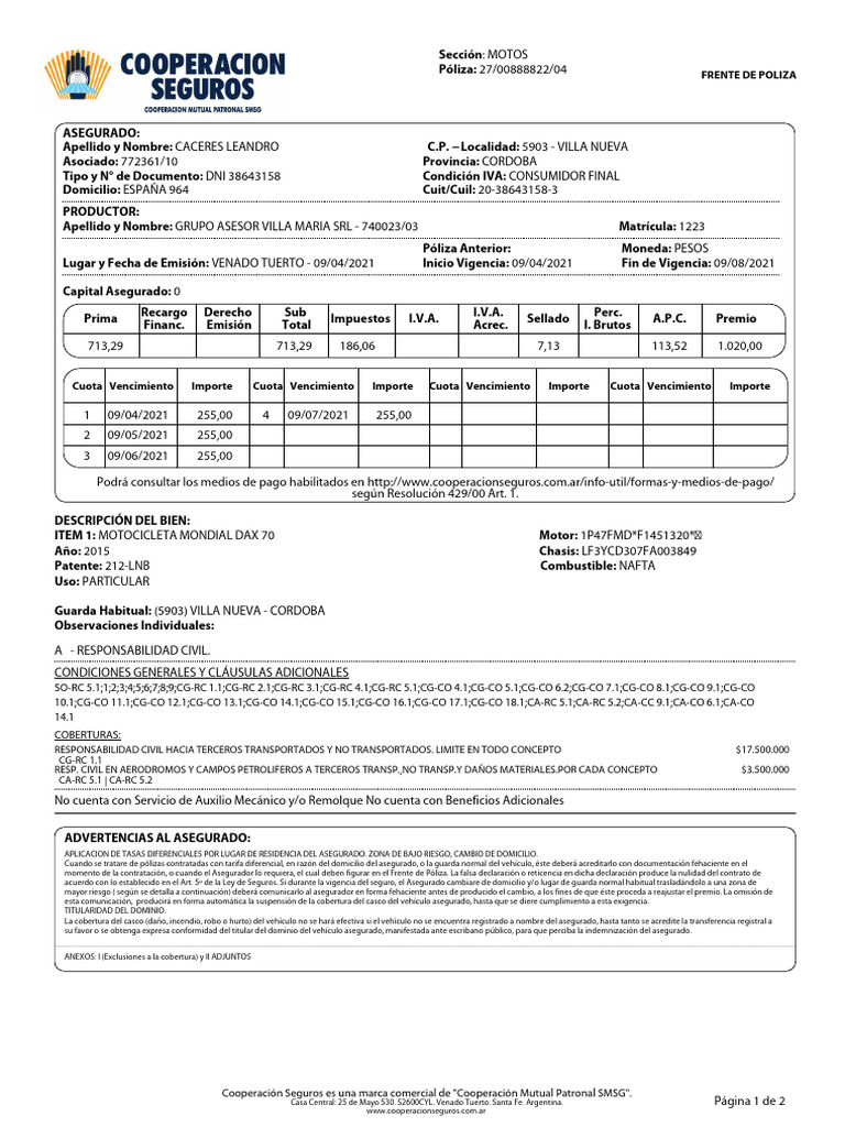 Poliza Caceres Leandro | PDF | Póliza de seguros | Riesgo