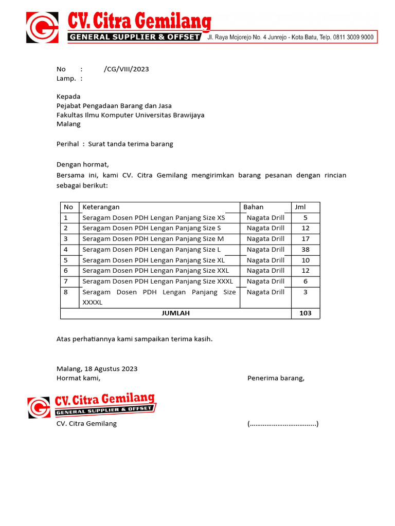 Surat Tanda Terima Pengiriman Barang | PDF
