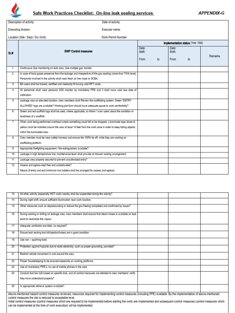 Safe Work Practices Checklist On-Line Leak Sealing Services | PDF ...