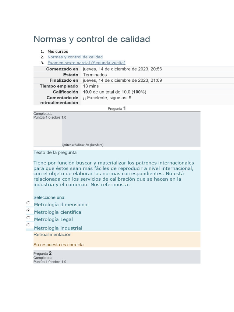 Normas y Control de Calidad Examen Sexto Parcial (Segunda Vuelta) | PDF | Metrología | Calibración