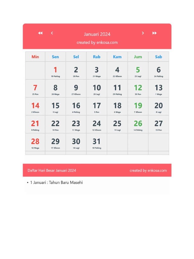 Kalender Januari 2024 Created by Enkosa | PDF