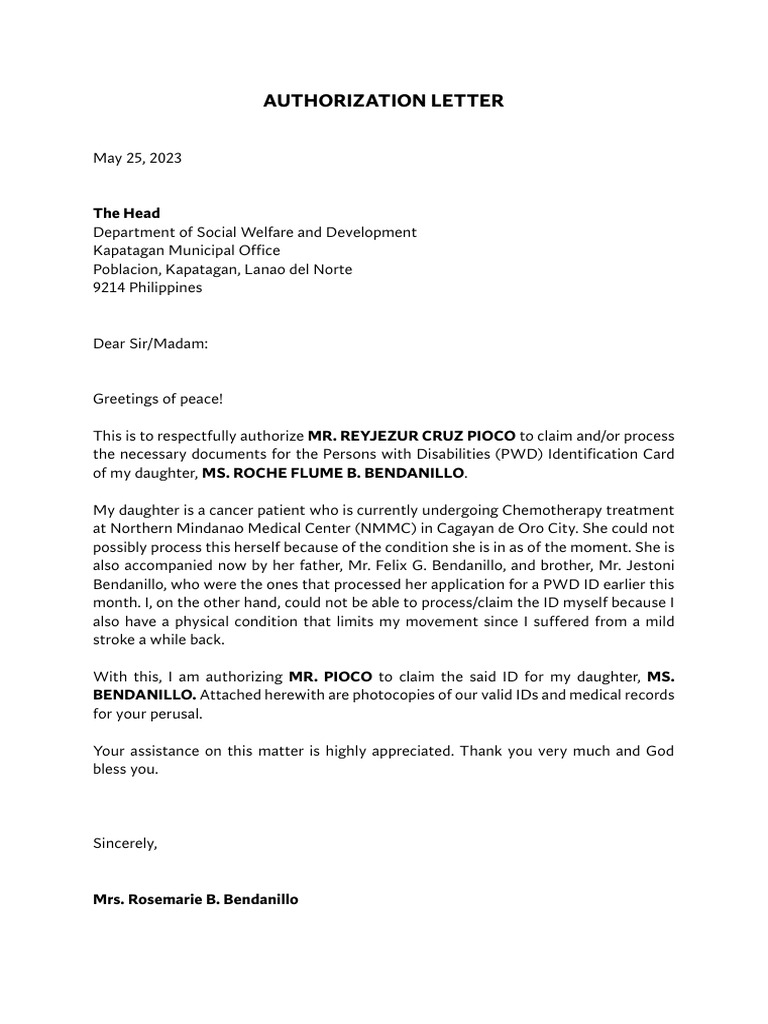 Authorization Letter for PWD ID Claim | PDF