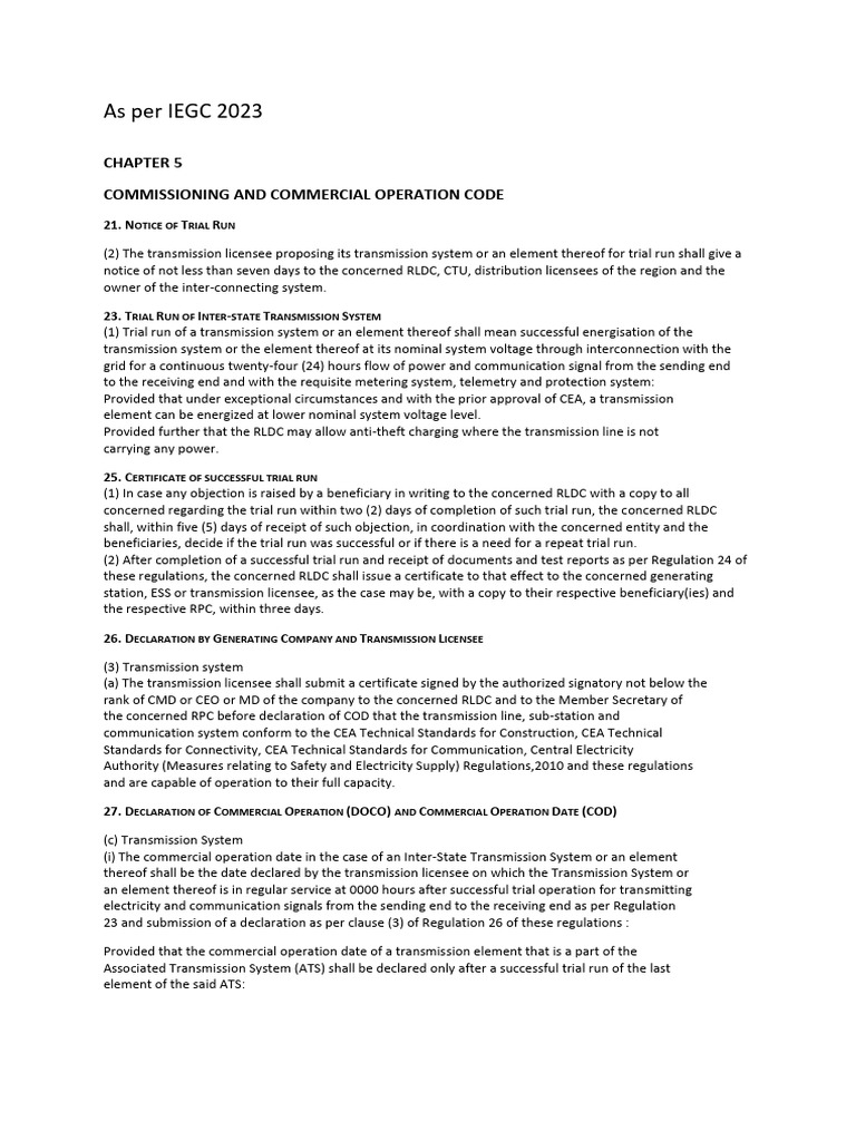IEGC 2023: Trial Run and COD Regulations | PDF | Electric Power Transmission | Electromagnetism