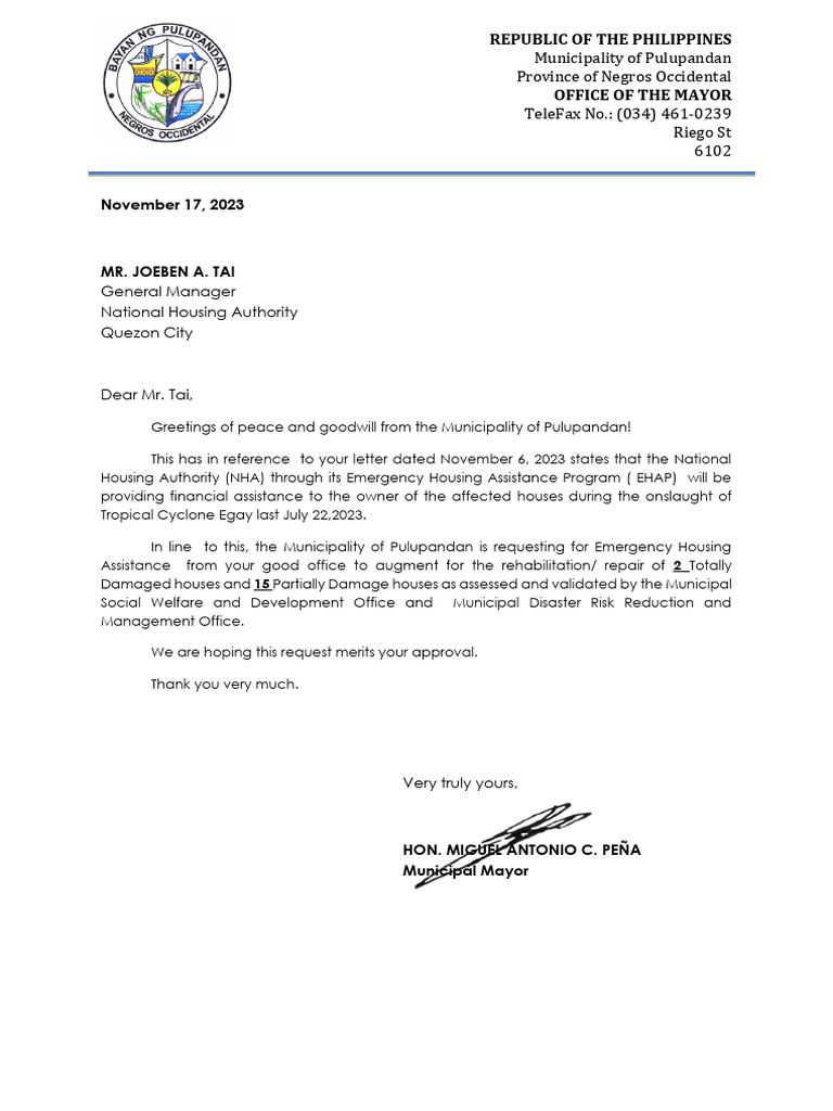 Request for EHAP Assistance in Pulupandan | PDF
