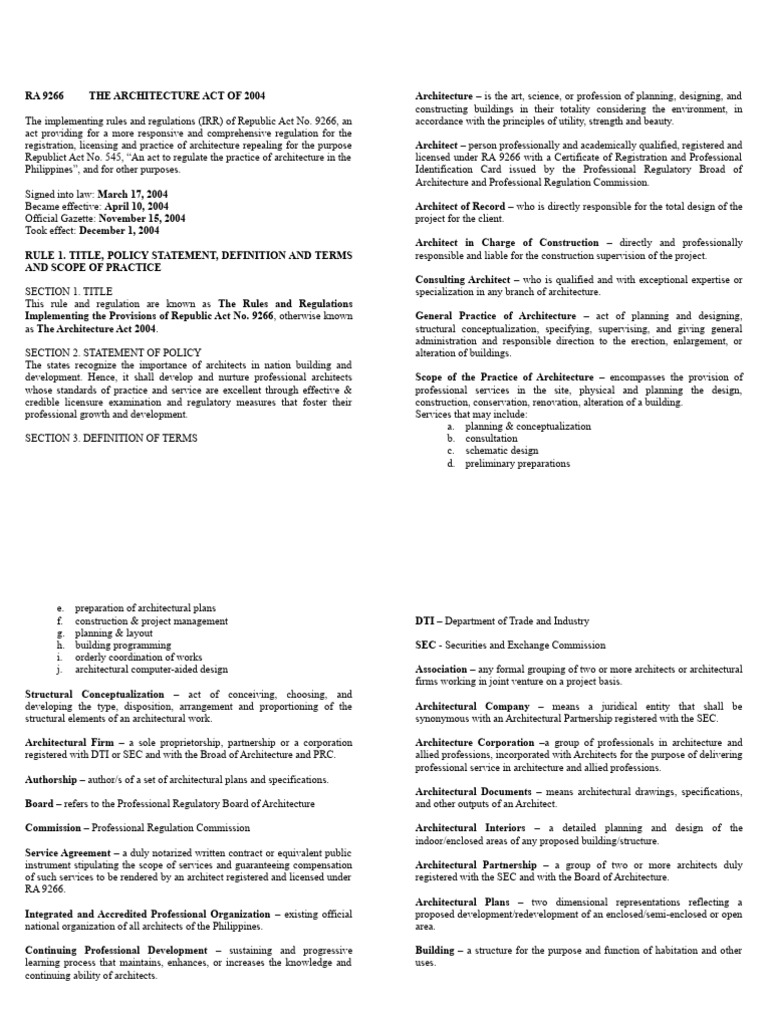 Ra 9266 The Architecture Act of 2004 | PDF | Architect | Licensure