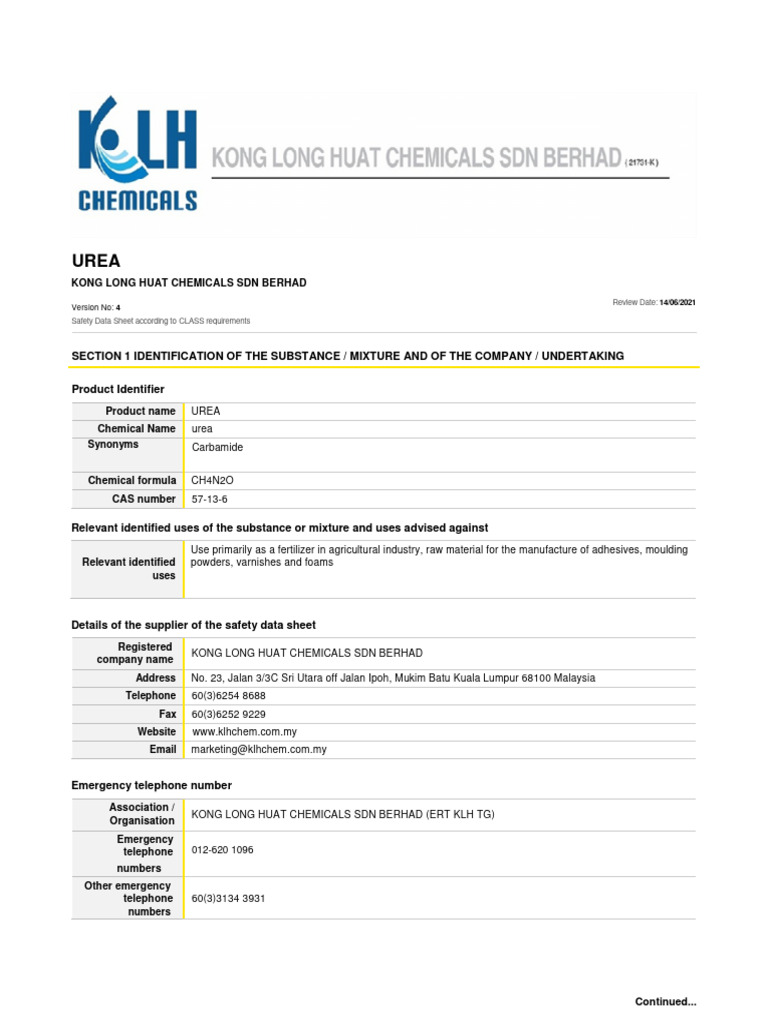 Kong Long Huat Chemicals SDN BHD MSDS - Urea BI GHS | PDF | Combustion | Explosion