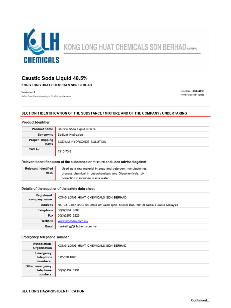 Kong Long Huat Chemicals SDN BHD MSDS - Caustic Soda Liquid 48-50 %, BI ...