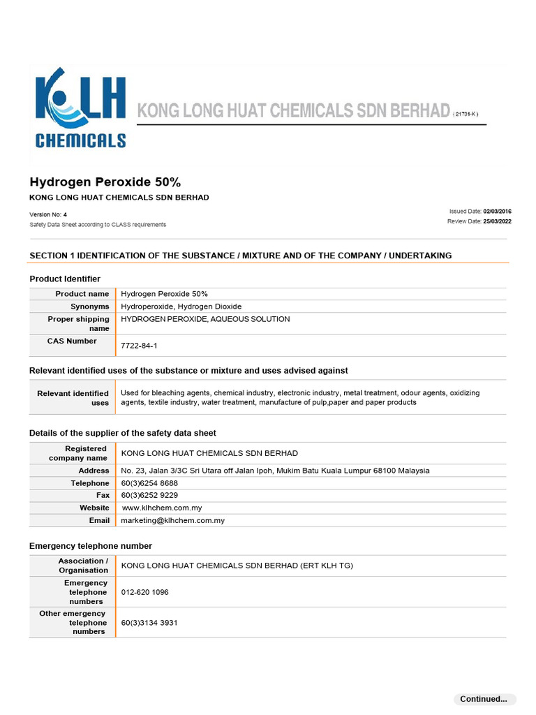 Kong Long Huat Chemicals SDN BHD MSDS - Hydrogen Peroxide 50%, BI GHS ...