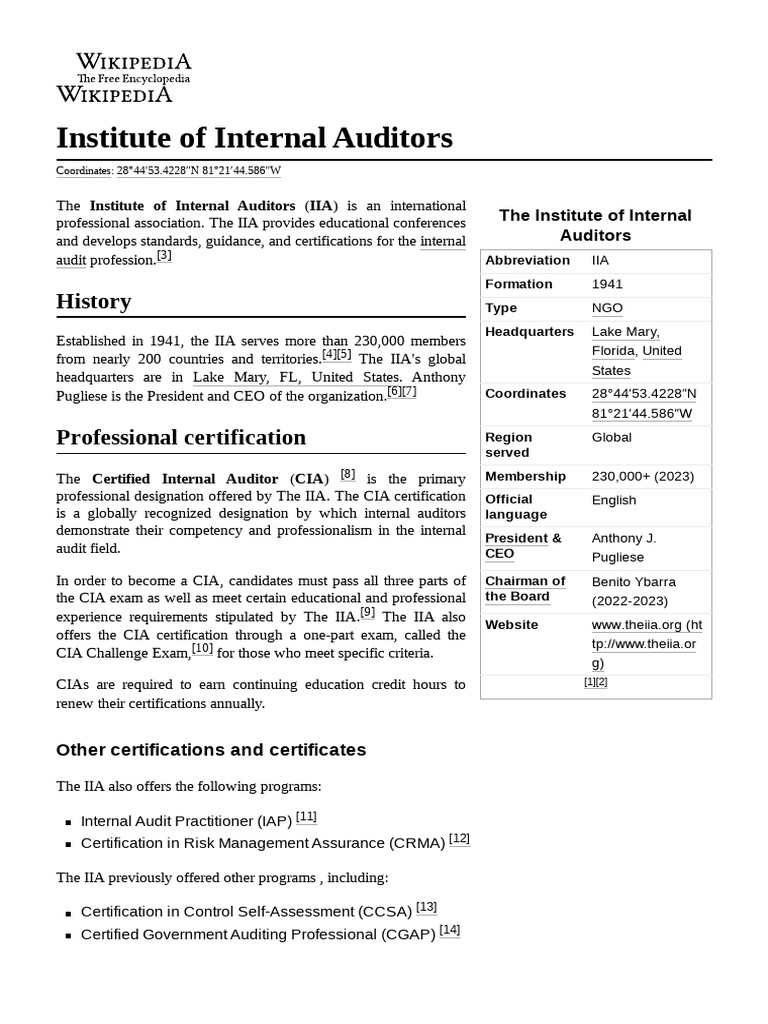 Institute of Internal Auditors | PDF | Internal Audit | Audit
