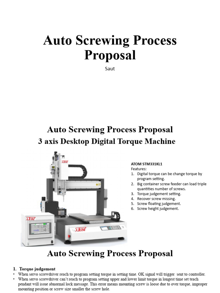 Auto Screwing Process Proposal | PDF | Screw | Manufactured Goods
