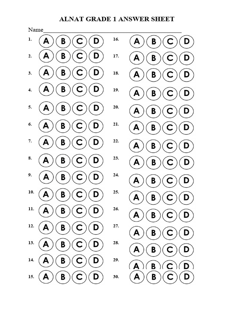 Alnat Grade 1 Answer Shee1 | PDF