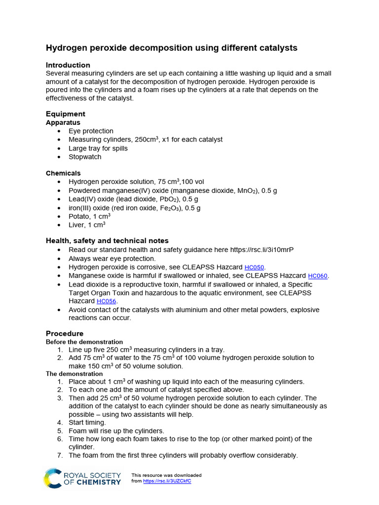 Hydrogen Peroxide Decomposition Using Different Catalysts Teacher Notes ...