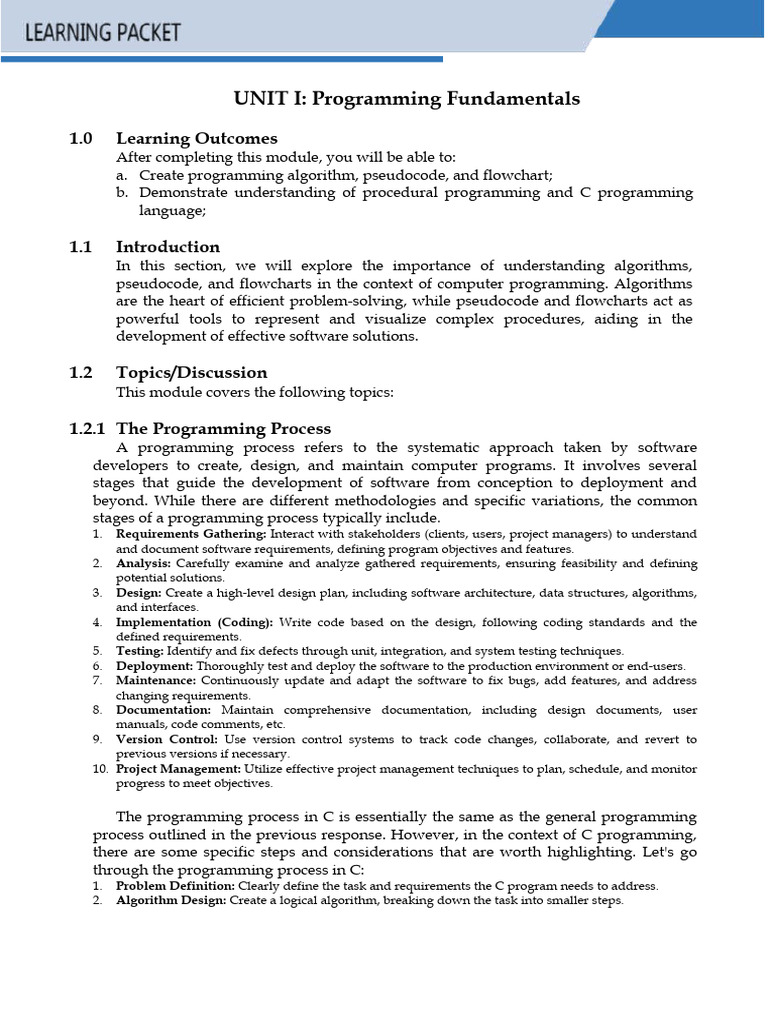 UNIT I: Programming Fundamentals: 1.0 Learning Outcomes | PDF | Computer Programming | Programming