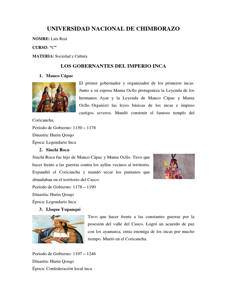 Gobernantes del Imperio Inca | PDF | Imperio Inca | Perú