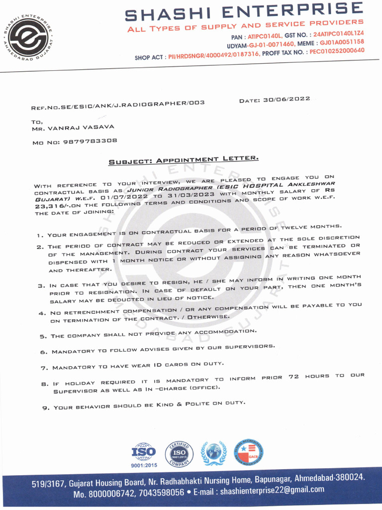 Vanraj Vasava Offer Letter 01 07 2022 | PDF