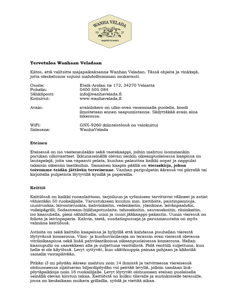 Wanha Velada, Infokirje Majoittujille | PDF