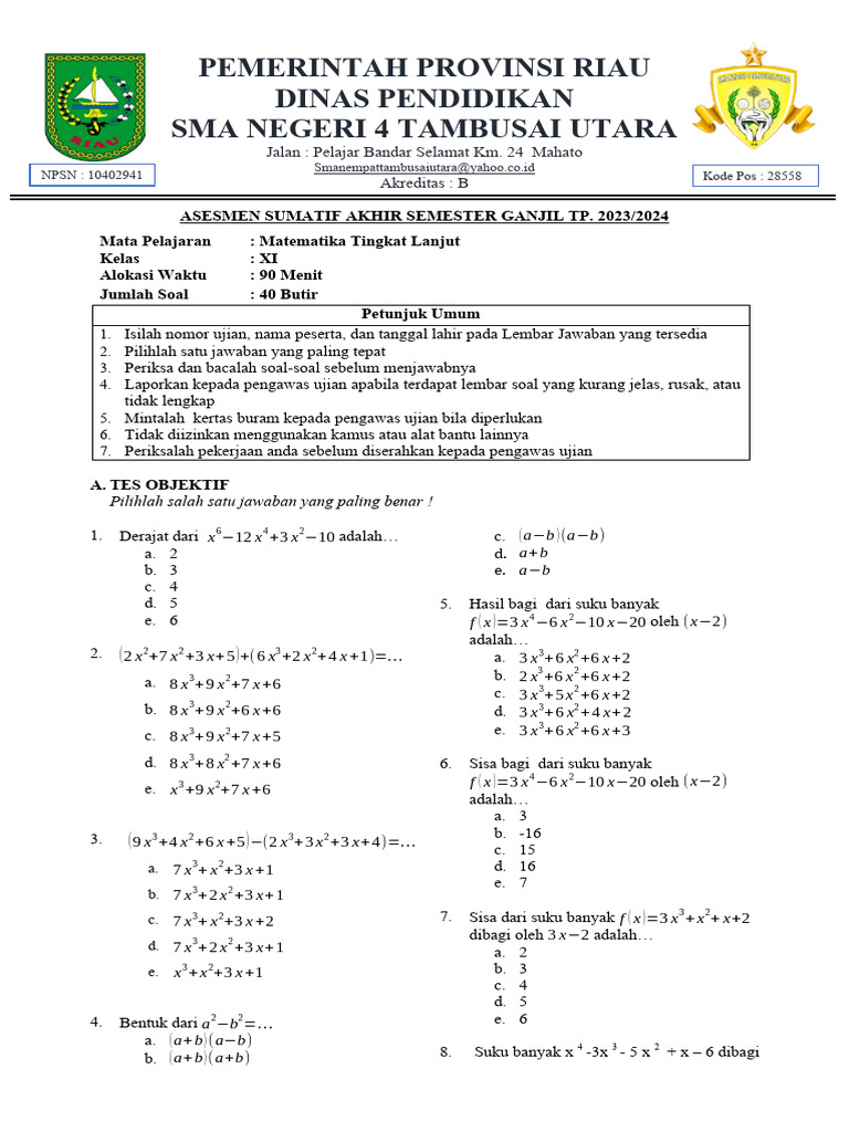 Naskah Soal MTK TL KLS Xi | PDF | Metode & Bahan Ajar