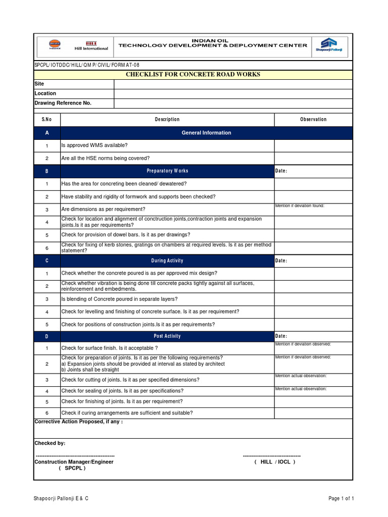 Concrete Road Works Checklist | PDF | Concrete | Engineering