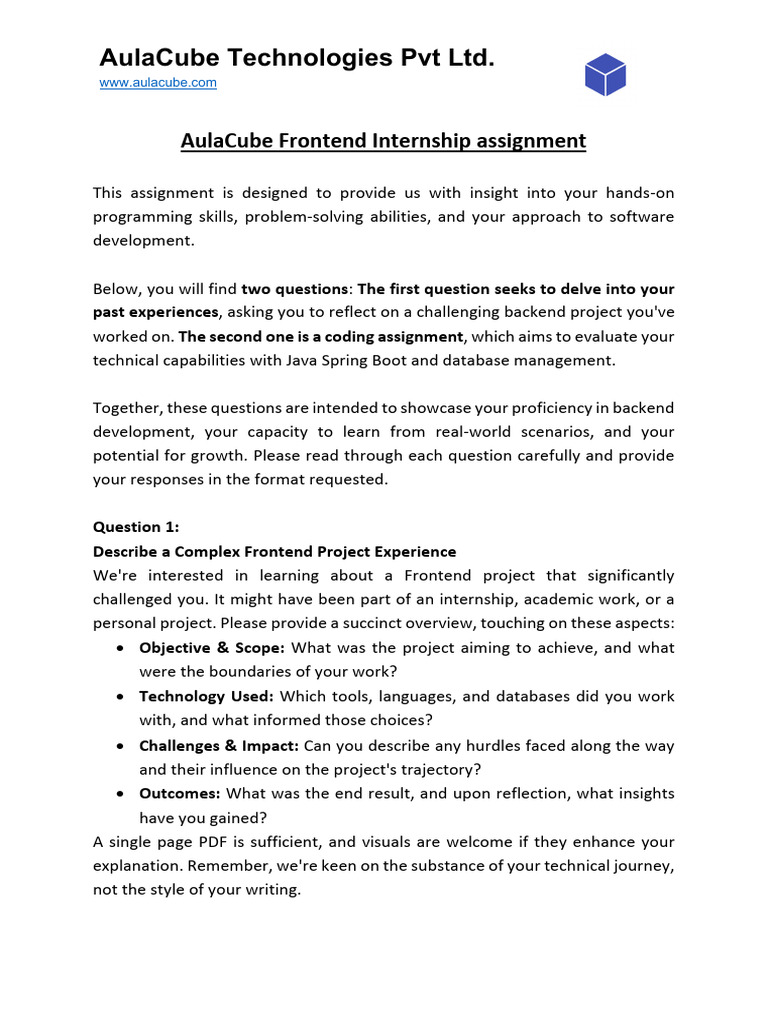 AulaCube Frontend Internship Assignment | PDF | Computer Programming | Software