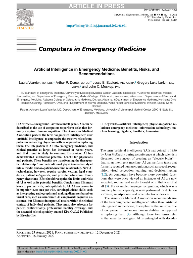 Artificial Intelligence In Emergency Medicine Benefits Risks And
