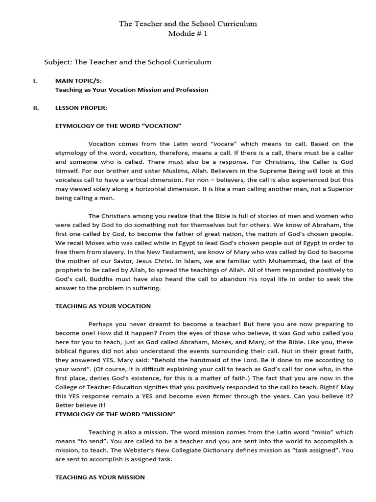 The Teacher and The School Curriculum Module 1 | PDF | Teachers | God