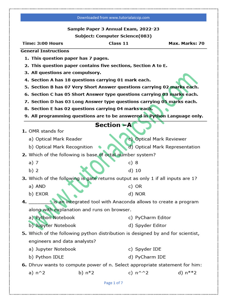 Sample Paper 3 Class XI Annual Exam CS | PDF | Computing | Computer Science