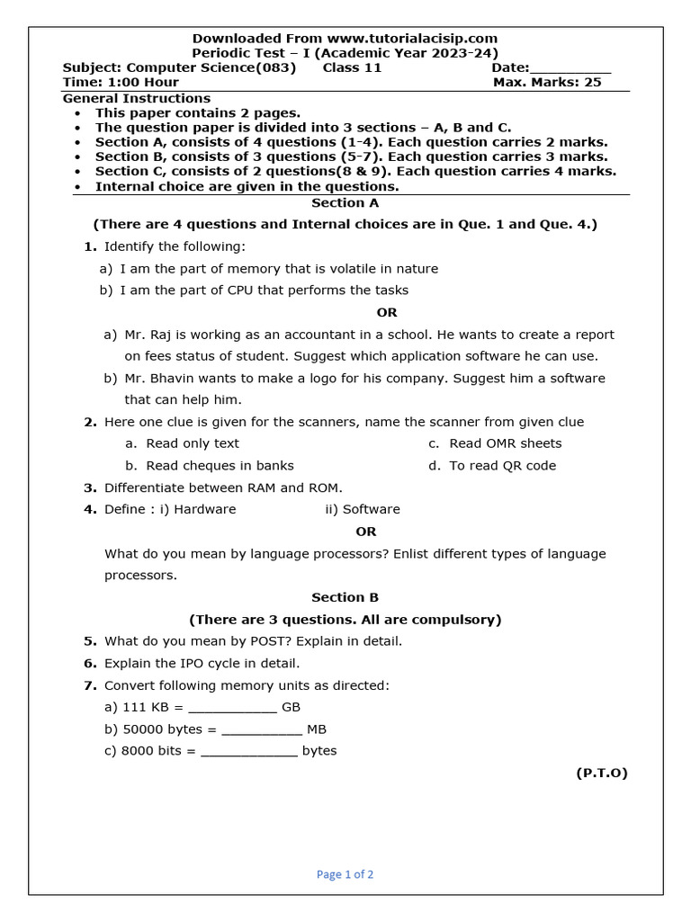 Cs Class 11 Qp 2023 24 Sample Paper 2 Tutorialaicsip Pdf Software Bios 