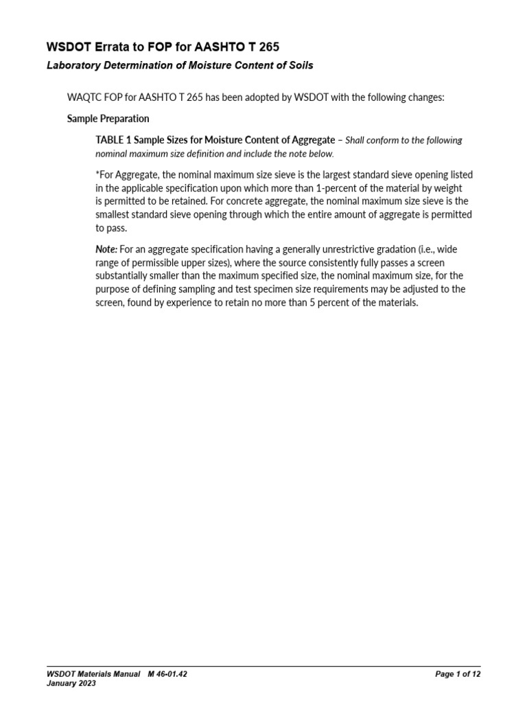 WSDOT Errata To FOP For AASHTO T 265: Laboratory Determination of ...