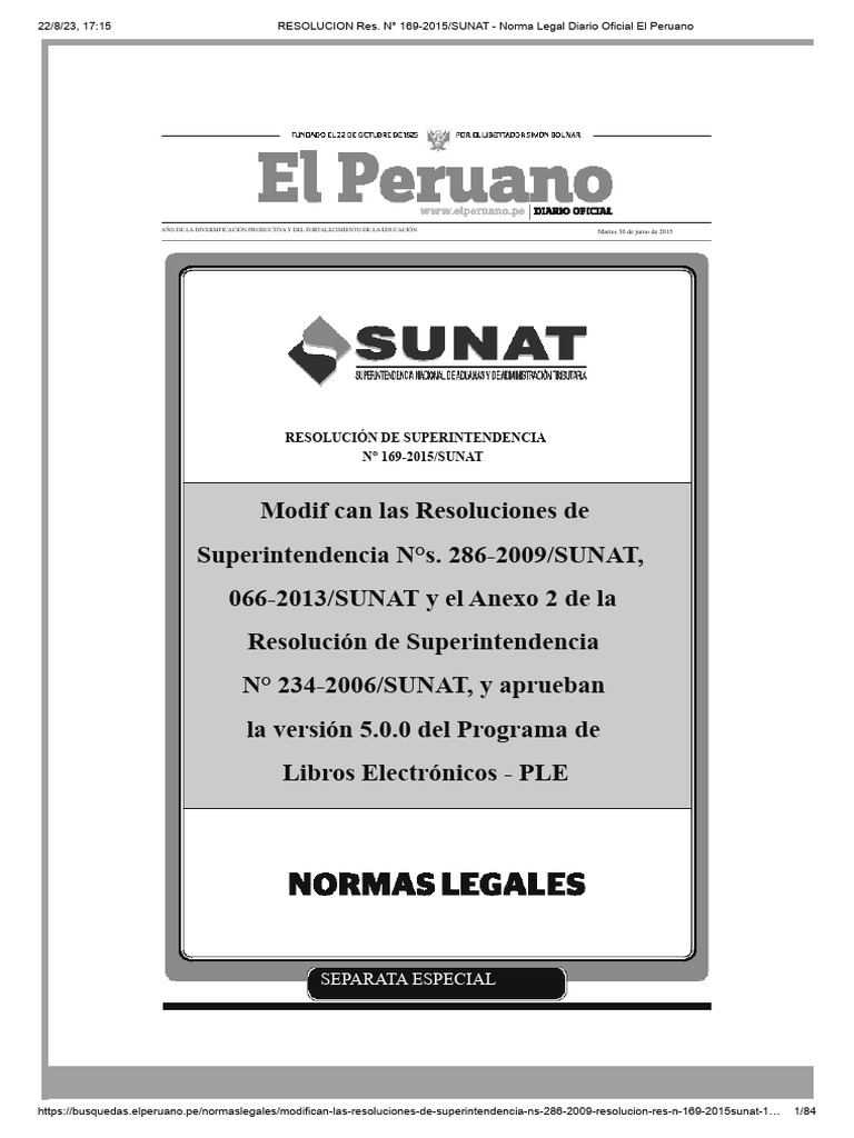 Resolución de Superintendencia #169-2015/SUNAT: Separata Especial | PDF