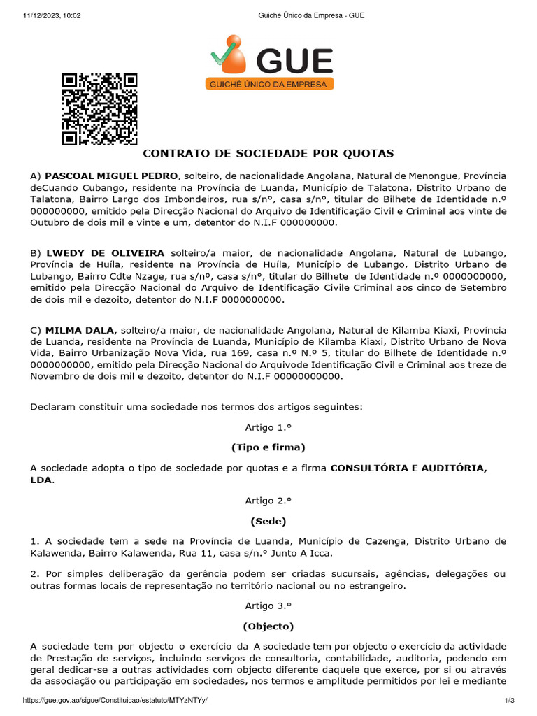 Contrato de Sociedade por Quotas em Luanda | PDF | Business