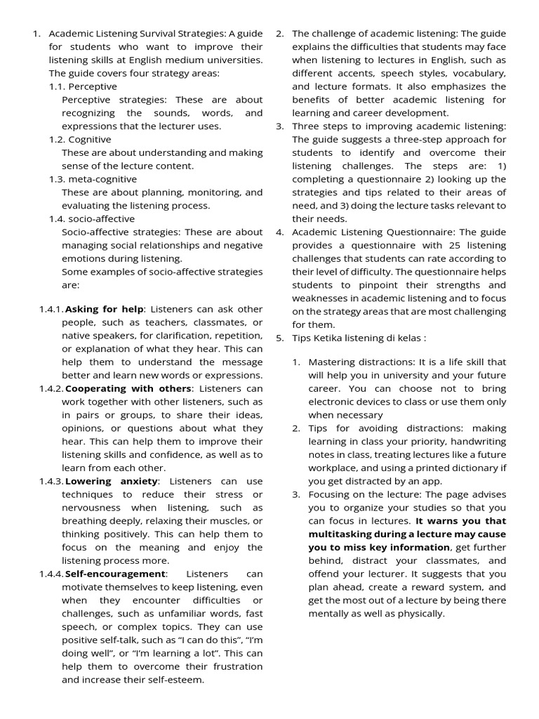 Academic Listening Survival Strategies | PDF | Metacognition ...