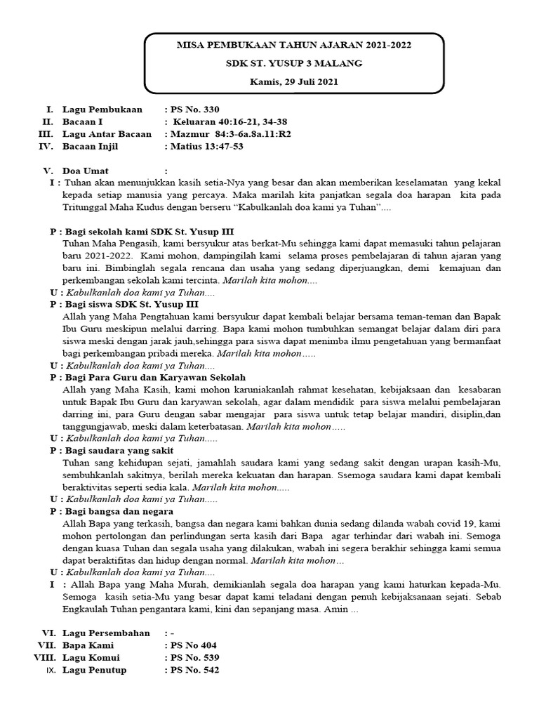 Doa Umat MIsa Tahun Ajaran Baru 2021 | PDF