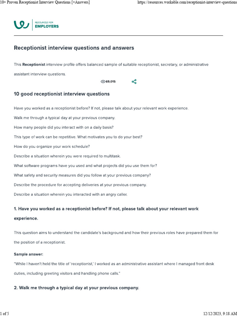 Proven Receptionist Interview Questions | PDF | Career & Growth | Business