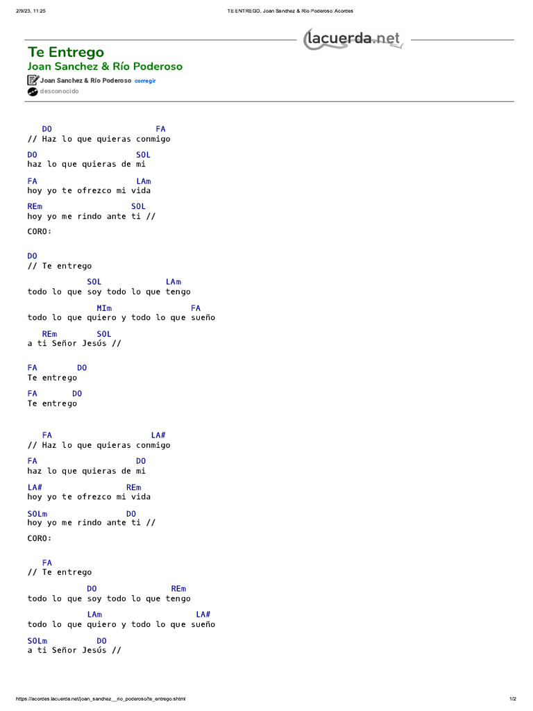 TE ENTREGO, Joan Sanchez & Río Poderoso_ Acordes | PDF