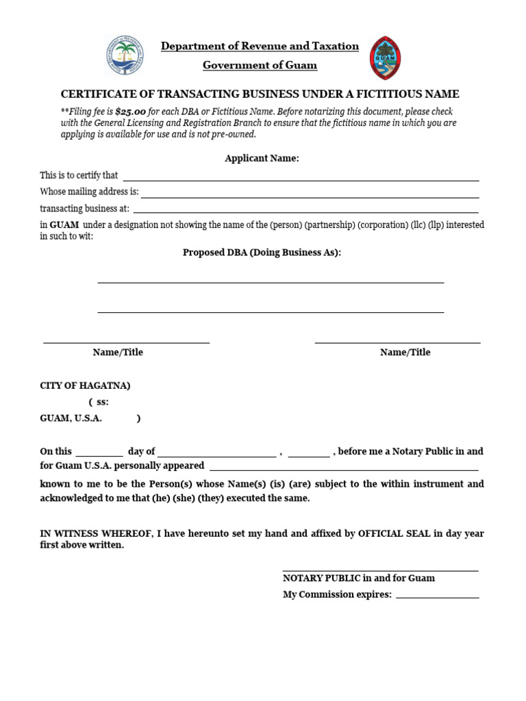 Guam DBA Form - DBAFORM2022 | PDF