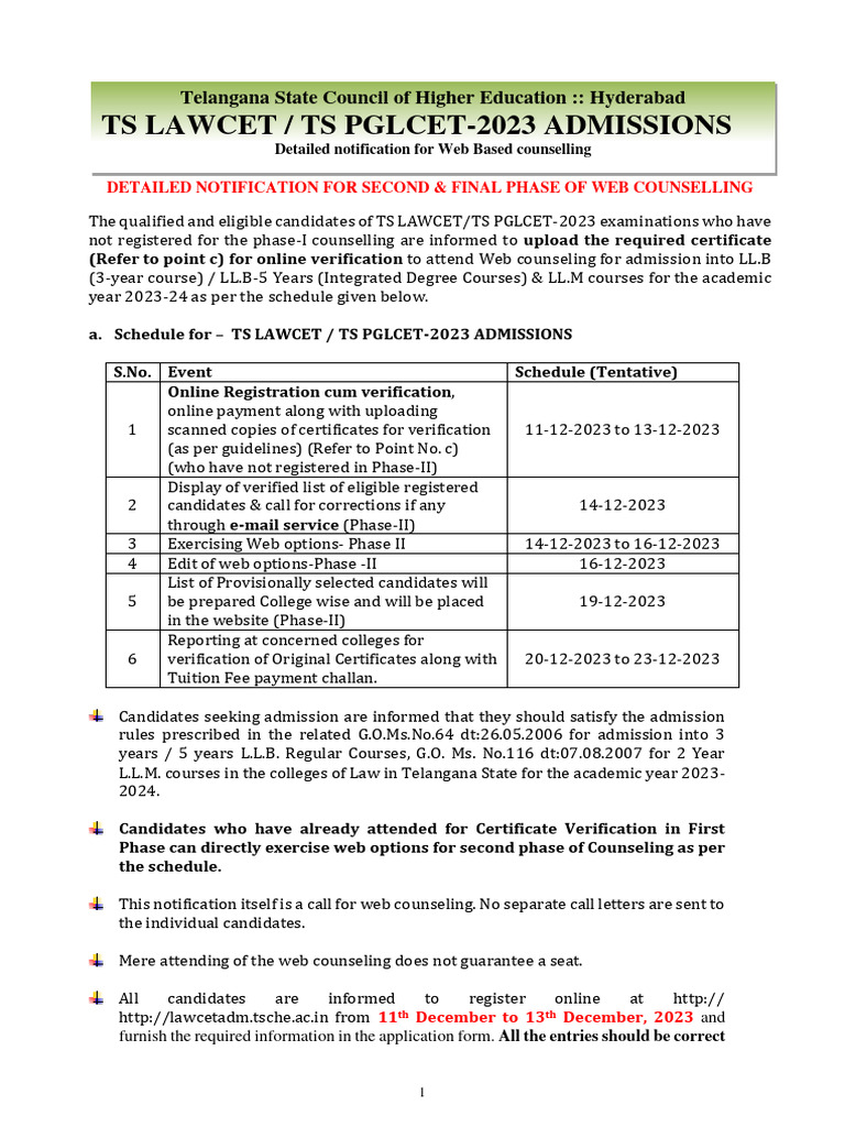 TS LAWCET-2023 Detailed Notification Second Phase | PDF | Postgraduate ...