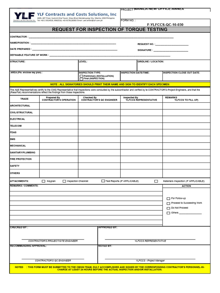 F-YLFCCS-QC-10-030 REQUEST FOR INSPECTION OF TORQUE TESTING | PDF