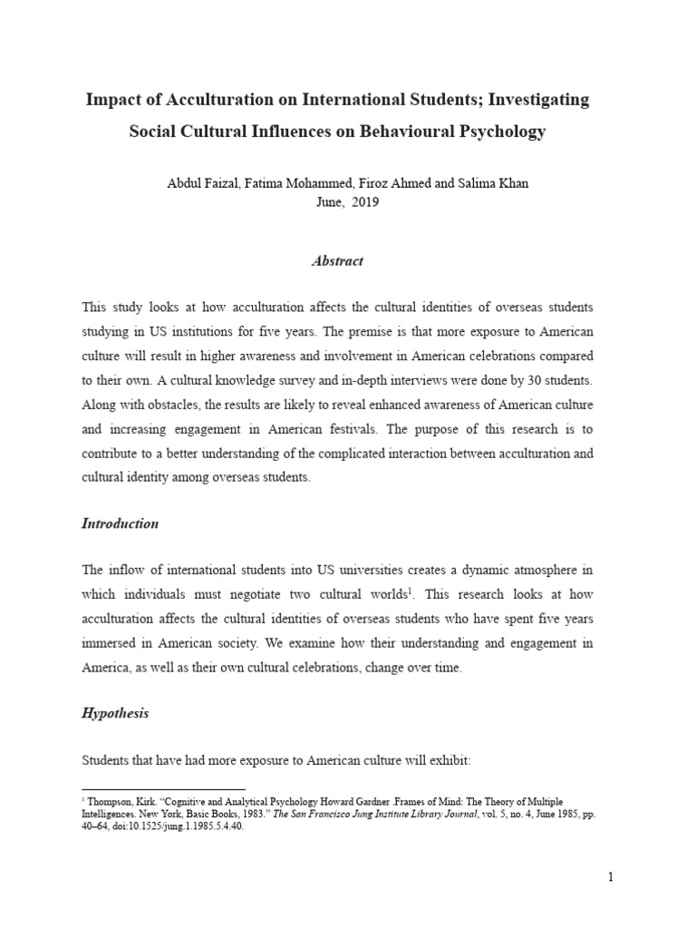 Impact of Acculturation On International Students Investigating Social ...