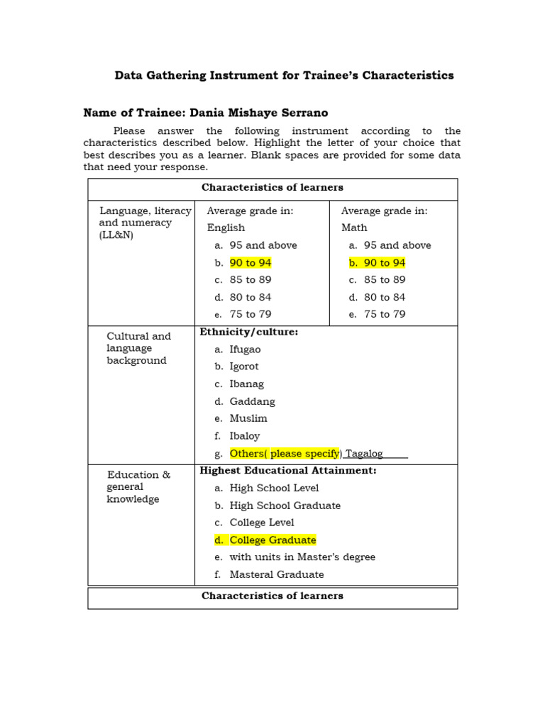 Data Gathering Instrument For Trainee - Serrano | PDF | Learning ...