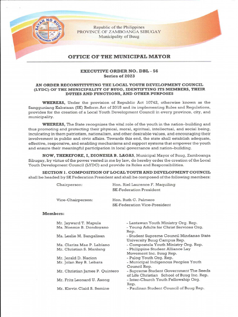 E.O Reconstitution of LYDC Members 2023 | PDF