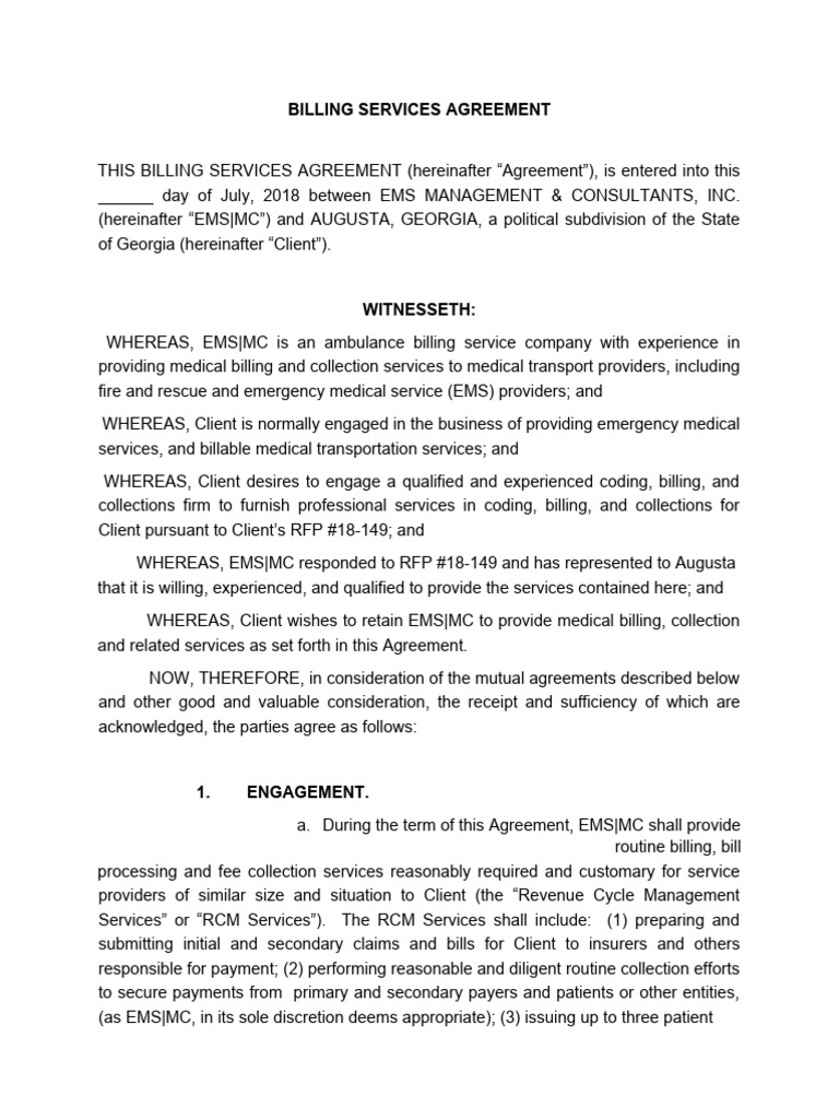 EMS Medical Billing Contract Template | PDF | Indemnity | Confidentiality