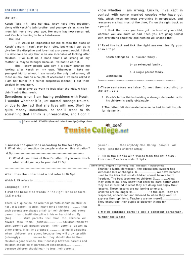 Devoir de Synthèse N°1 Collège Pilote Avec Correction - Anglais - 9ème (2017-2018) Mme Chiraz ...