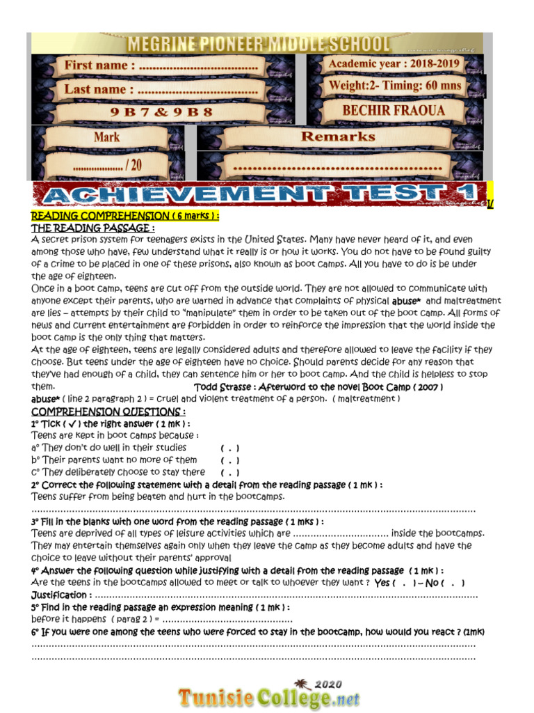 Devoir de Synthèse N°1 Collège Pilote - Anglais - 9ème (2018-2019) MR ...