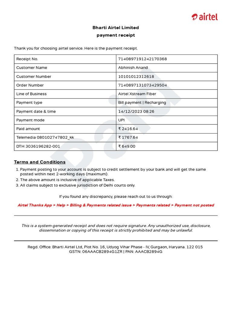 Airtel Wifi Bill | PDF | Credit Card | Receipt Airtel Wifi Bill | PDF | Credit Card | Receipt