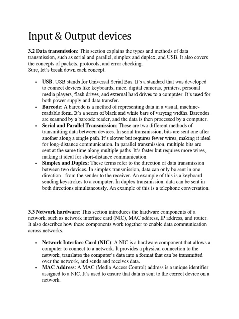 Input and output devices | PDF | Computer Network | Network Interface Controller