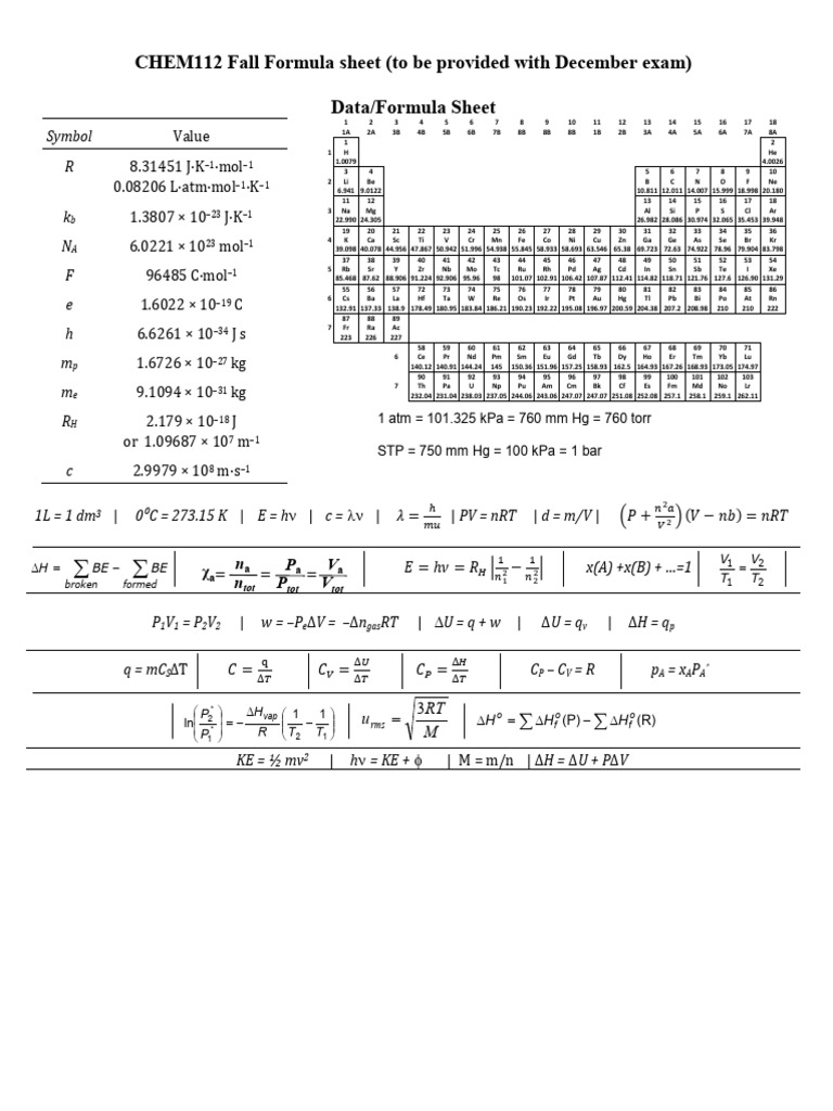 CHEM112 Fall Formula Sheet (To Be Provided With December Exam) Data ...