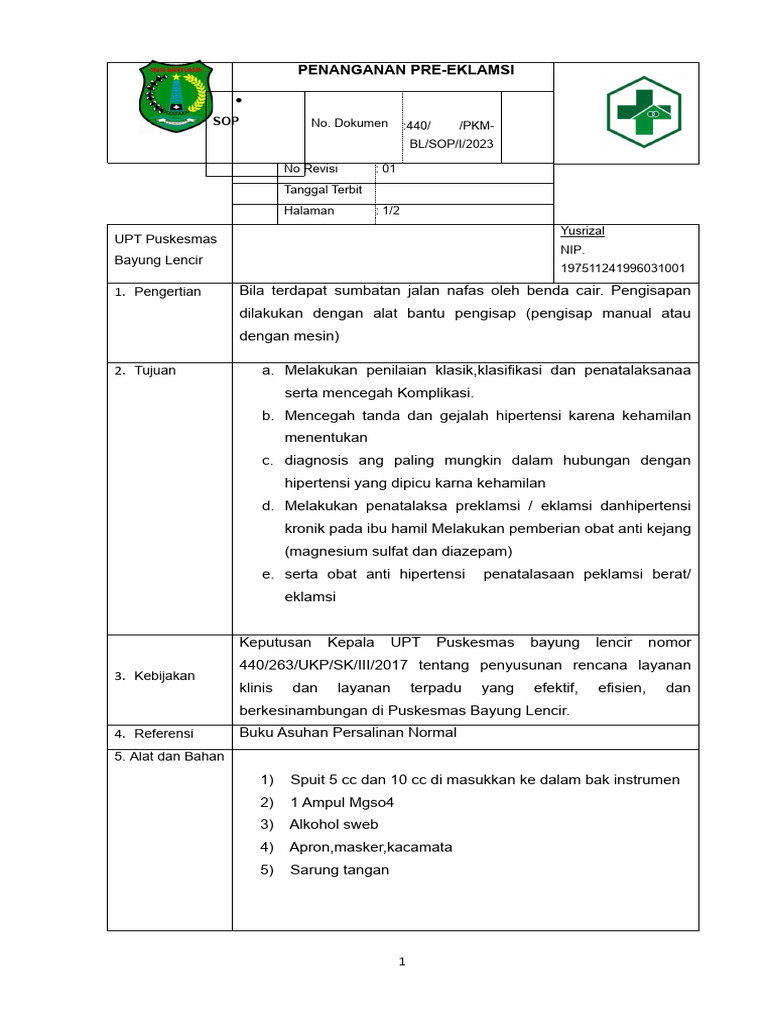 Sop Penatalaksanaan Eklamsi | PDF